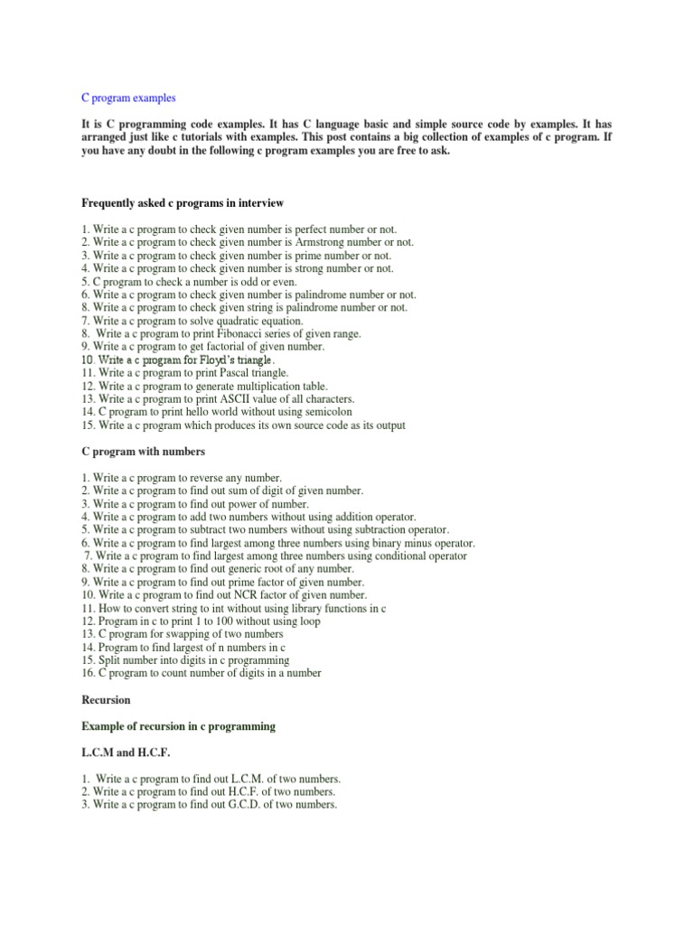 C Program Examples: Frequently Asked C Programs in Interview | PDF ...