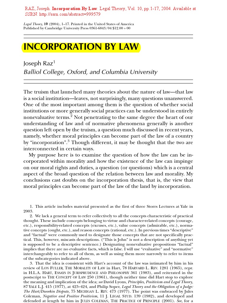 Joseph Raz - Incorporation by Law | PDF | Incorporation Of The Bill Of ...