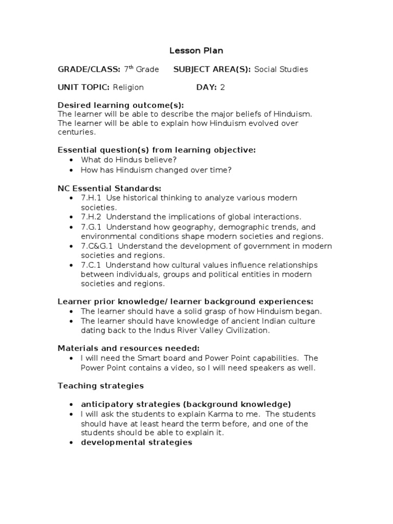 Religion Lesson Plan 2 | PDF | Educational Assessment | Karma