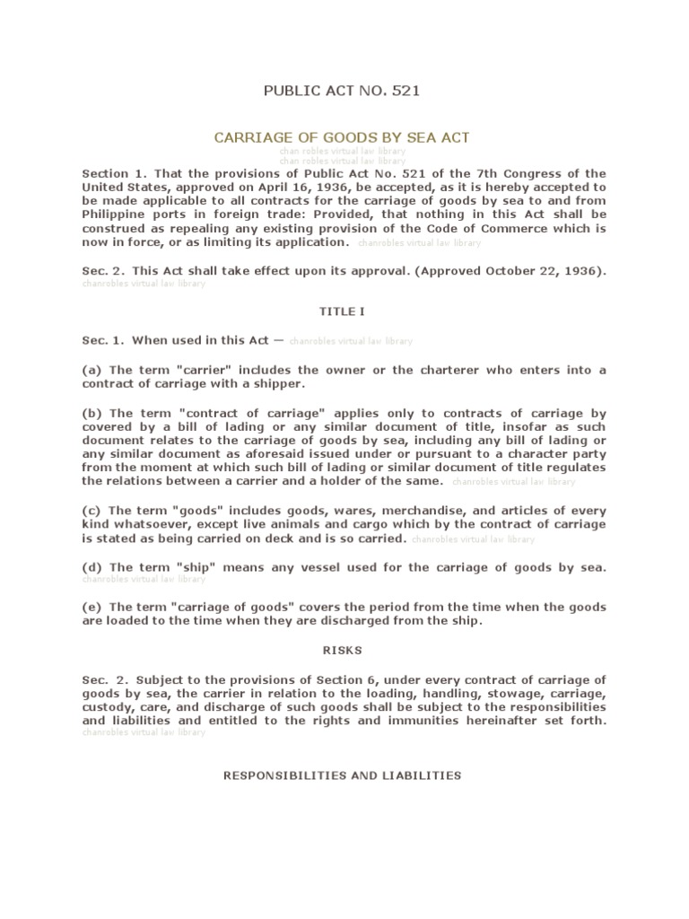 Carriage of Goods by Sea Act | PDF | Bill Of Lading | Cargo