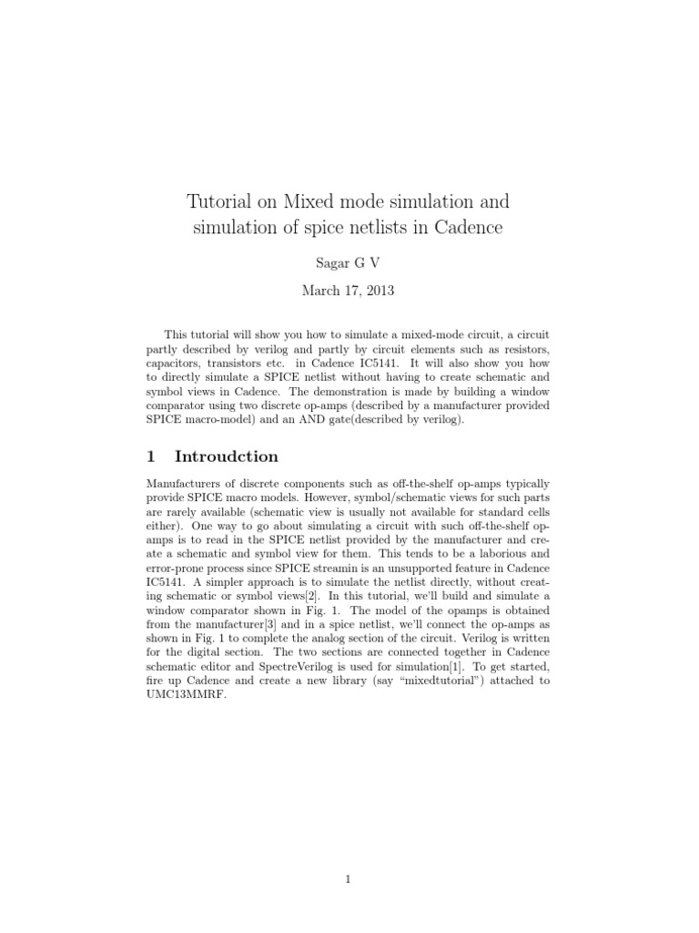 Mixed Mode VLSI Design - Cadence Tutorial | PDF | Spice | Electronic Circuits