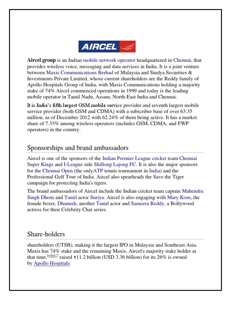 Aircel: Chennai's Leading Mobile Operator | PDF | Telecommunications ...