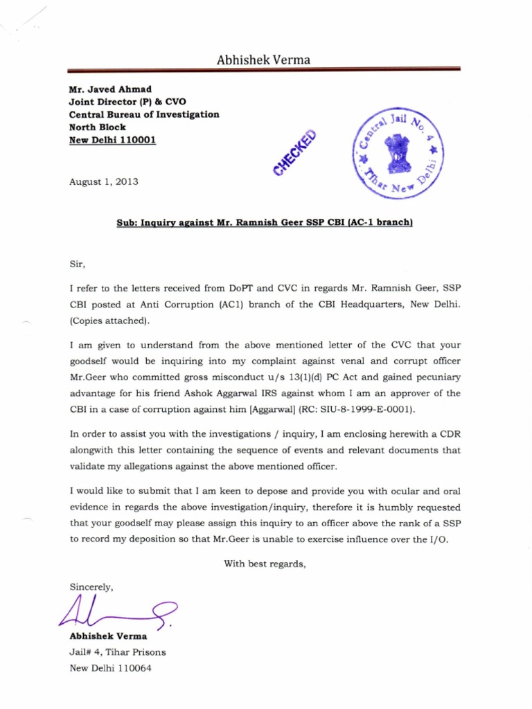 Letter To JT Director CBI & Chief Vigilance Officer Reg Ramnish PDF ...