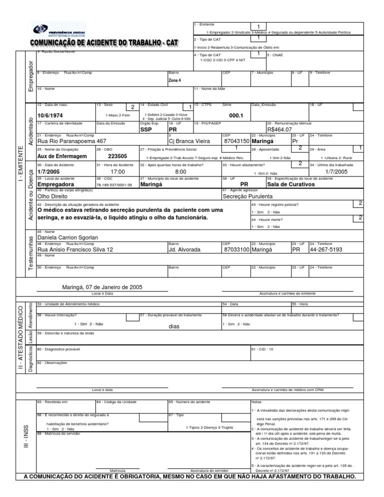 CAT - Modelo No Excel Melhor Modelo | Acidente (Geral) | Bem-estar