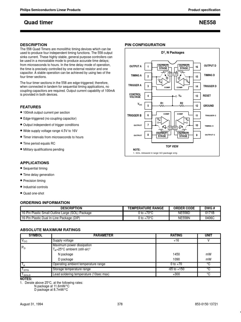 NE558 Quad Timer Product Specification and Datasheet | PDF | Electrical Circuits | Electrical ...