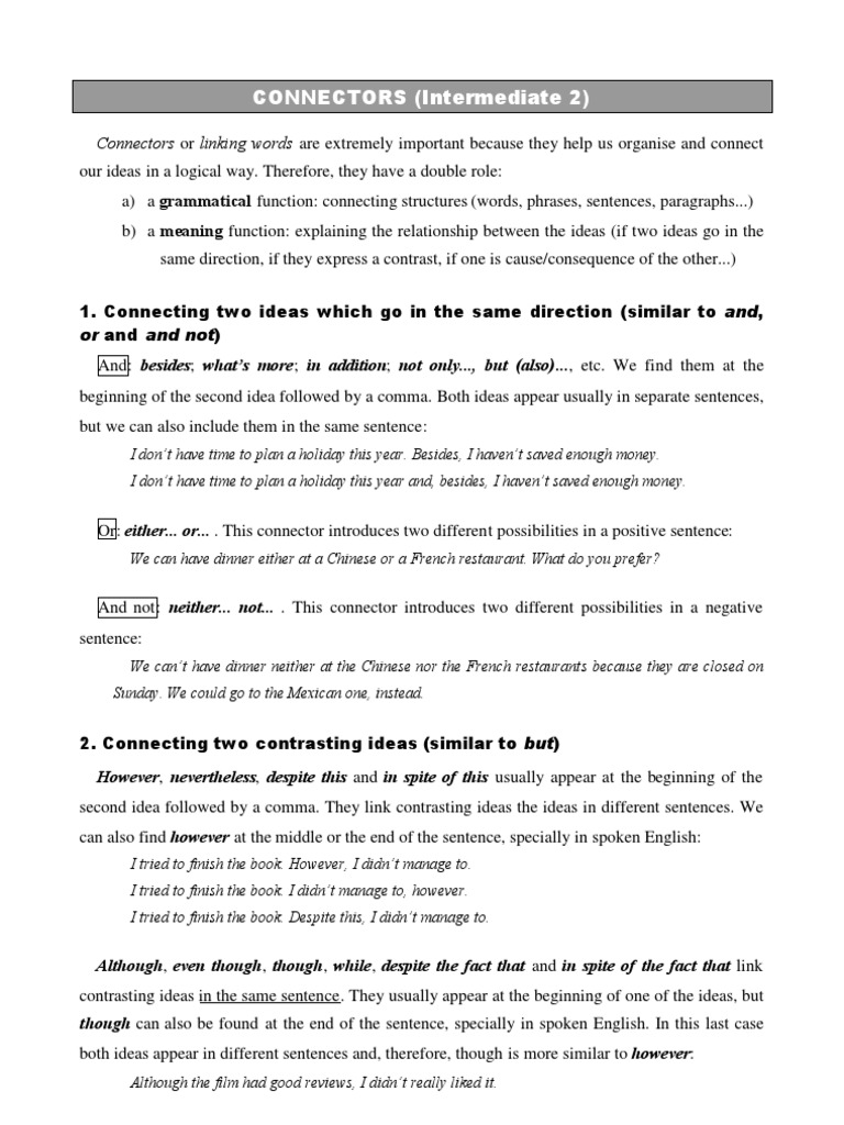 Connectors Intermediate 2 | PDF | Sentence (Linguistics) | Word