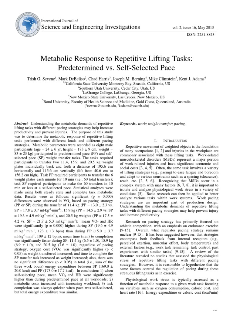 Metabolic Response To Repetitive Lifting Tasks: Predetermined vs. Self ...