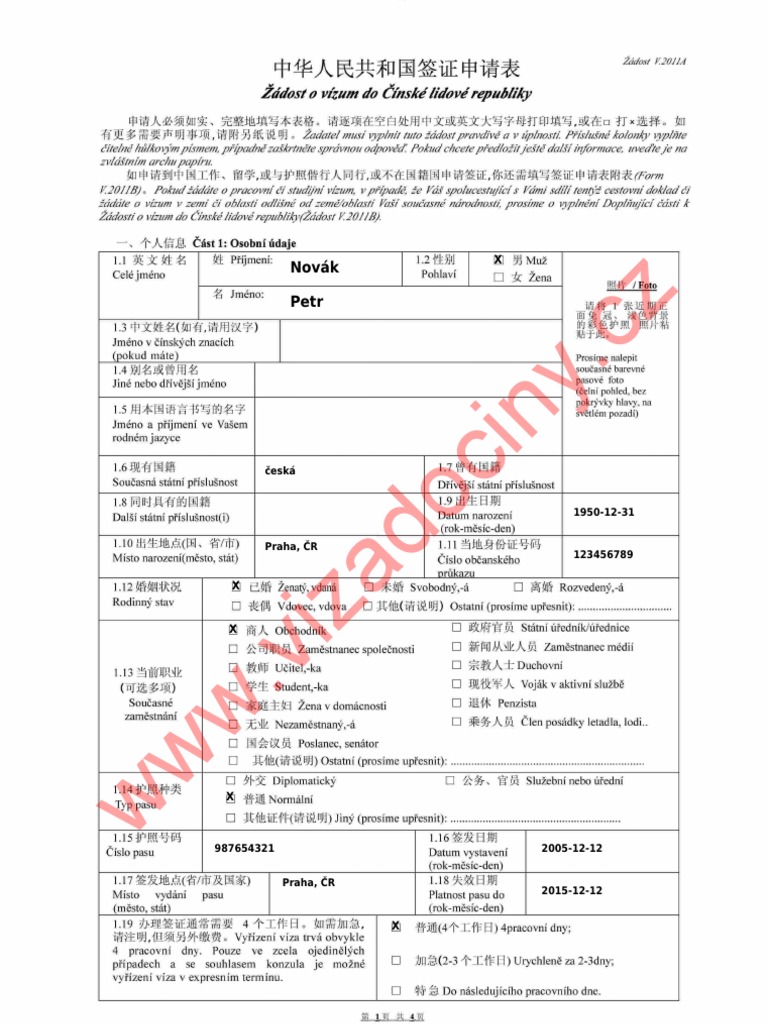 Vzor Zadosti o Vizum Do Ciny | PDF