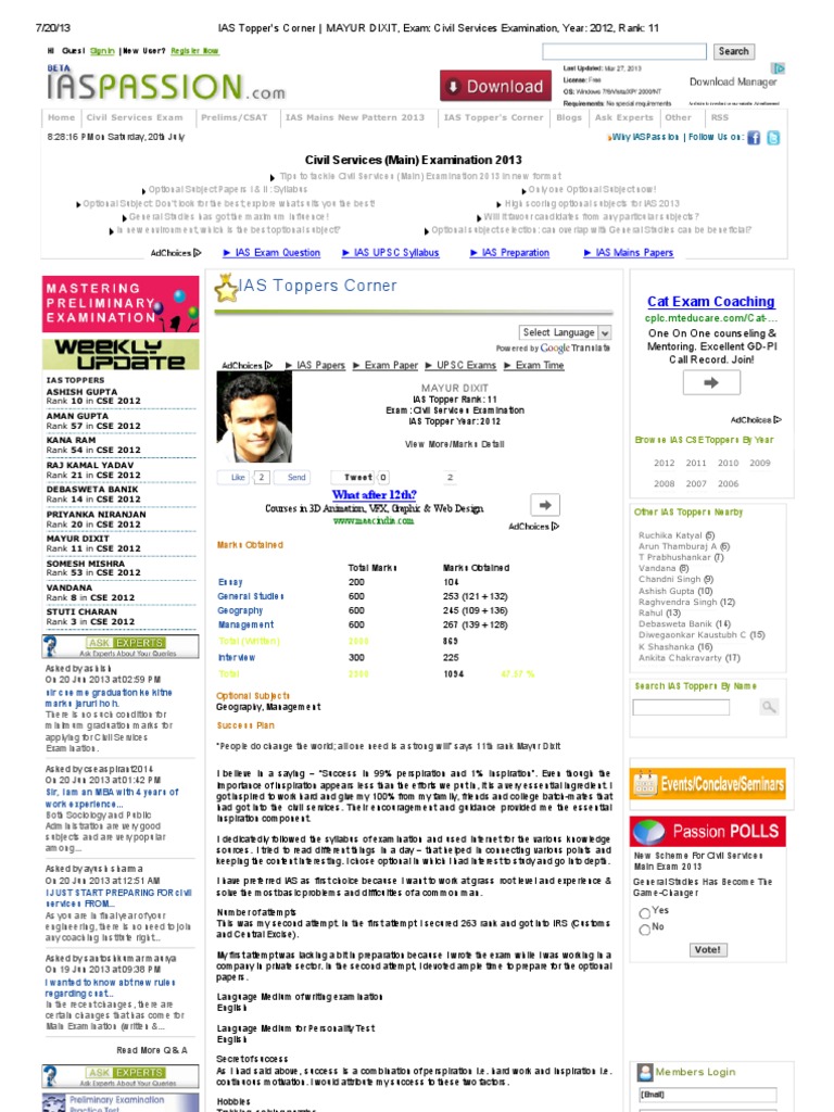 IAS Topper's Corner - MAYUR DIXIT, Exam - Civil Services Examination ...