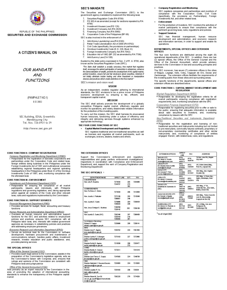 SEC Philippines: Mandate and Functions | PDF | U.S. Securities And ...