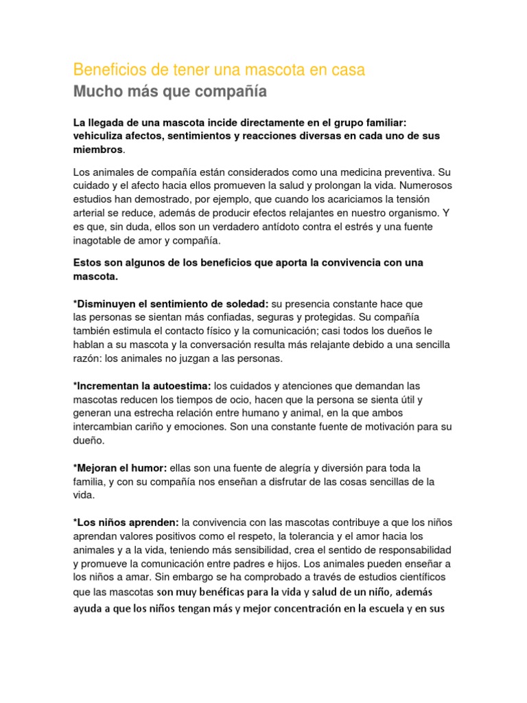 Beneficios de Tener Una Mascota en Casa | PDF