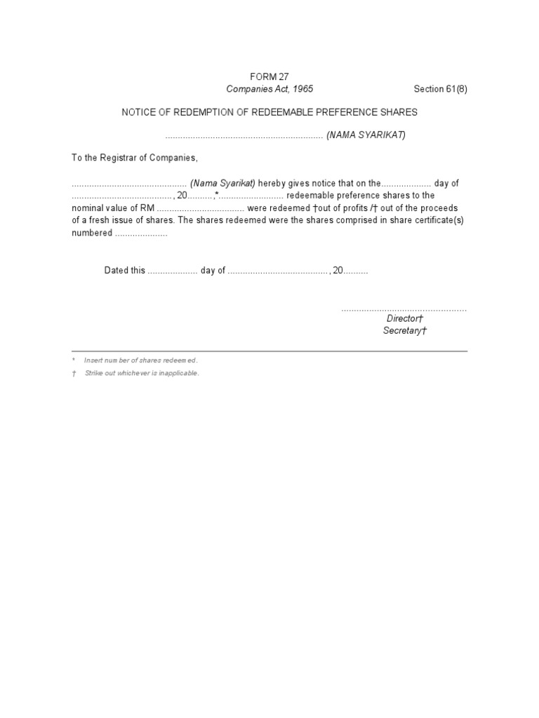 Form 27 Notice of Redemption of Redeemable Preference Shares | PDF