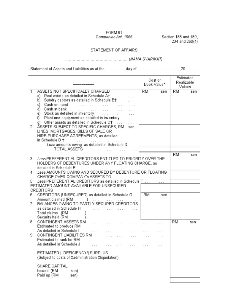 Form 61 Statement of Affairs | PDF | Debenture | Book Value