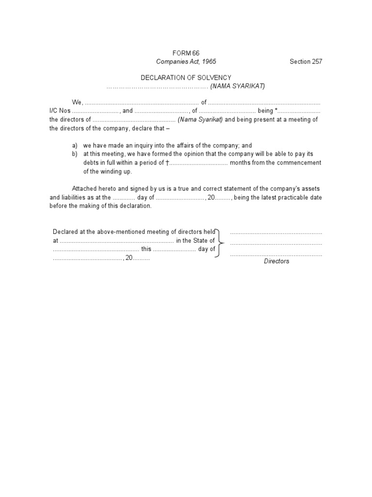 Form 66 Declaration of Solvency | Financial Economics | Economics