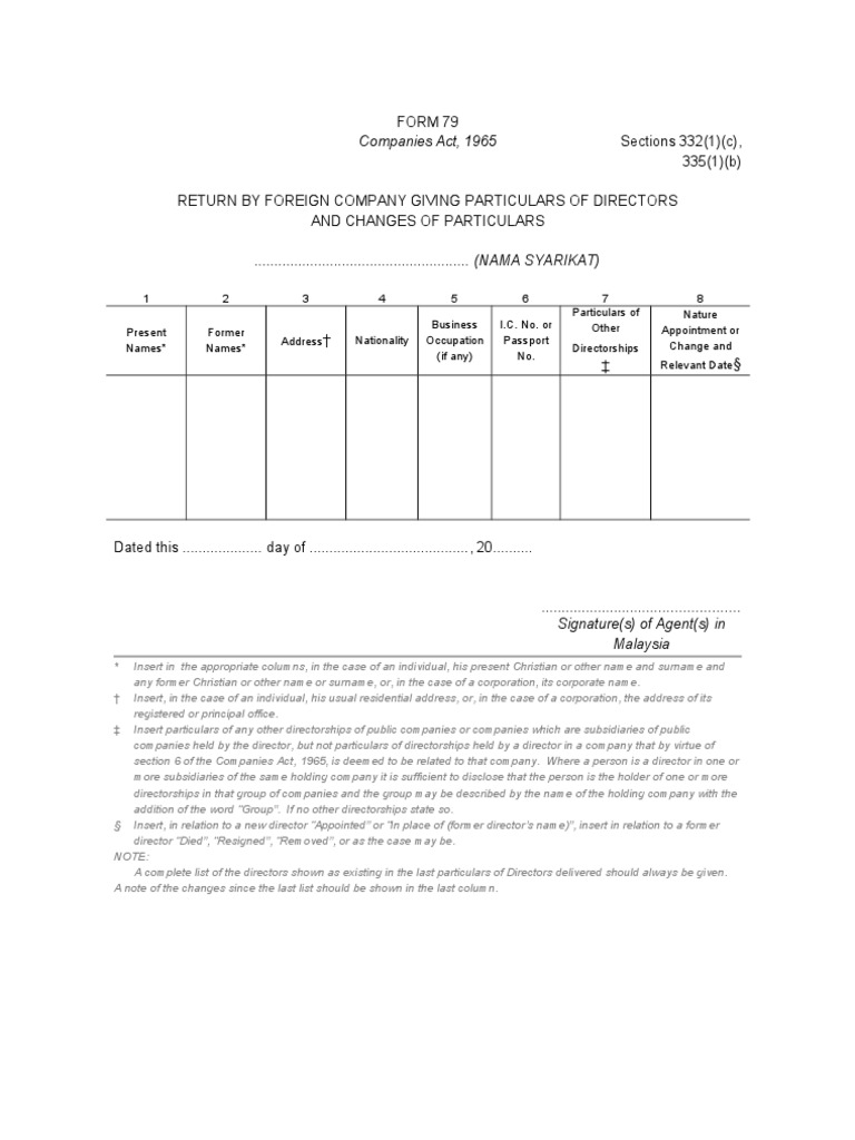 Form 79 Return by Foreign Company Giving Particulars of Directors and ...
