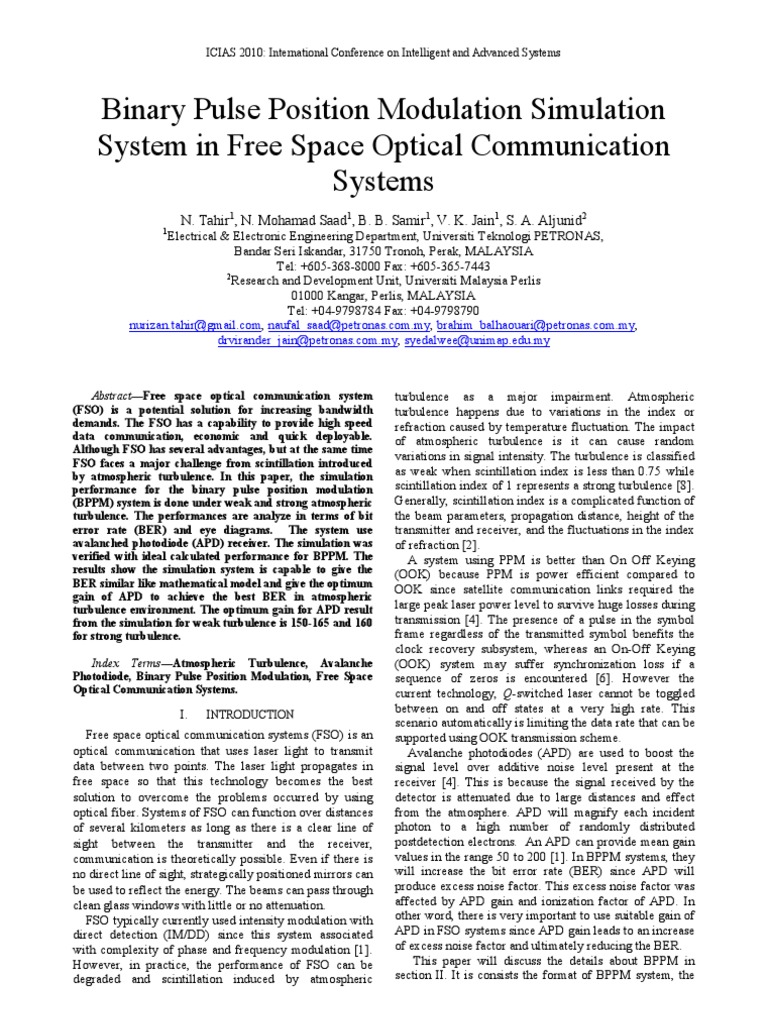 Binary Pulse Position Modulation Simulation System in Free Space Optical Communication Systems ...