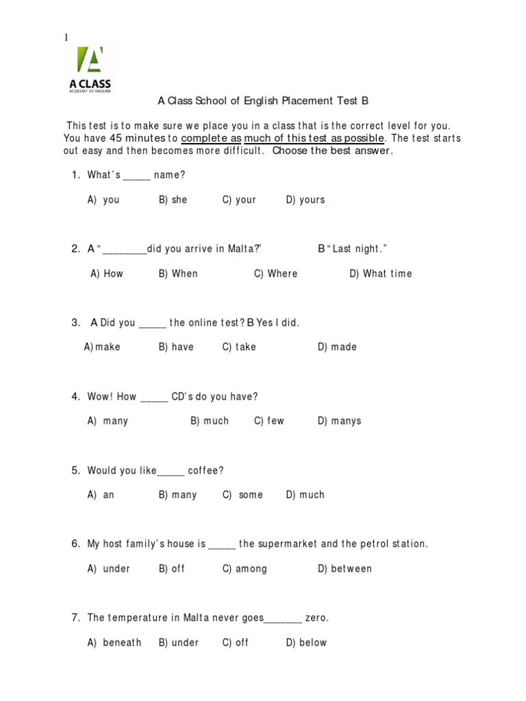 English Placement Test | PDF | Sleep