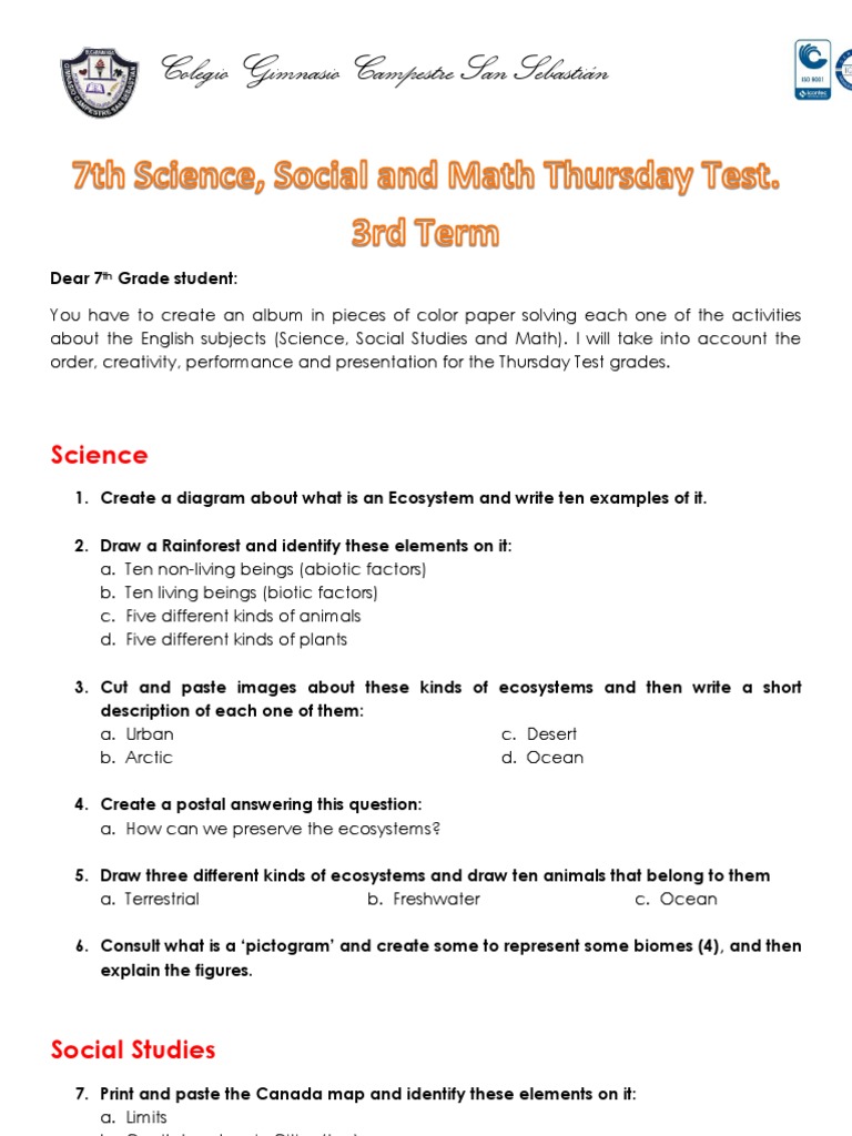 7th Sci-Soc-Math - ThuTest III '13 | PDF