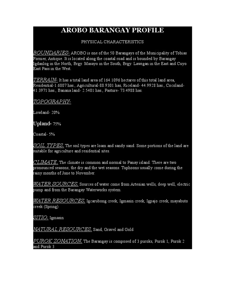 Arobo Barangay Profile | PDF | Land Management | Food And Drink