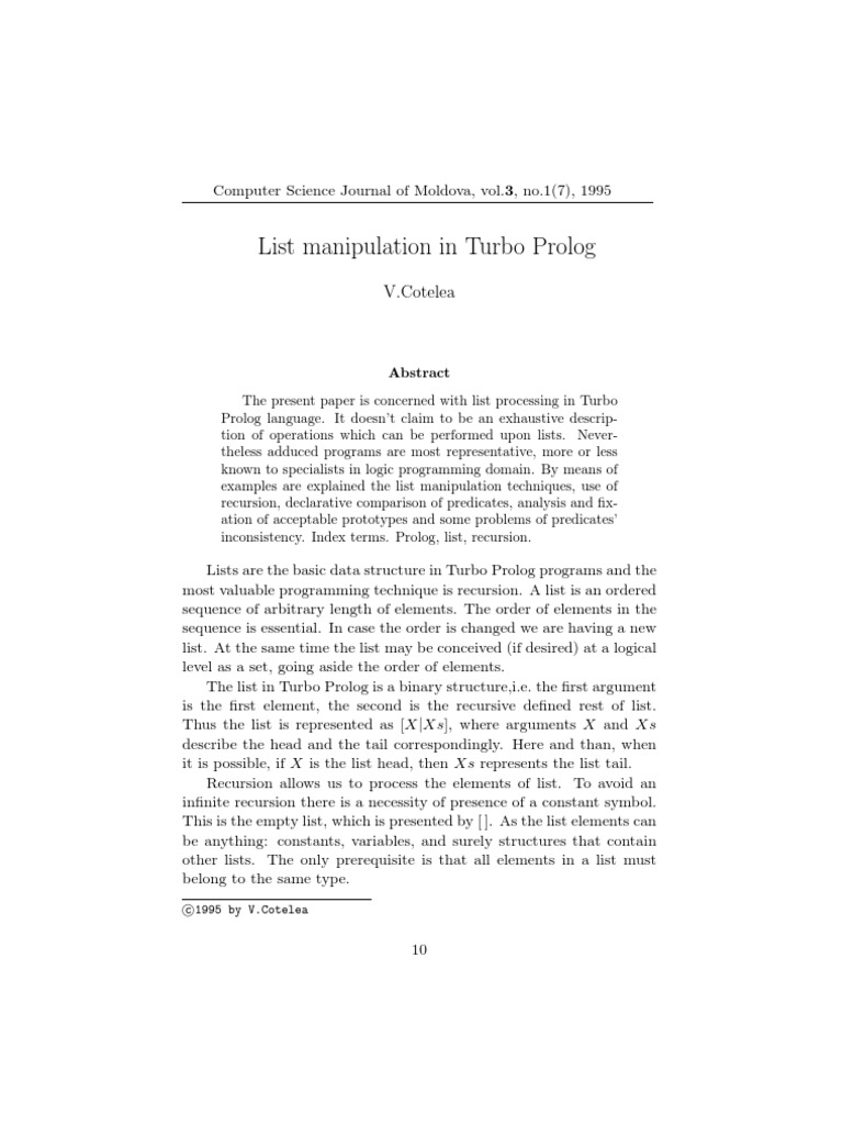 List Manipulation in Turbo Prolog: V.Cotelea | PDF | Clause | Formalism (Deductive)