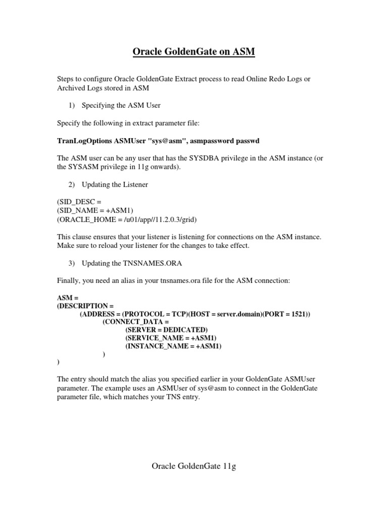 Oracle GoldenGate On ASM | PDF