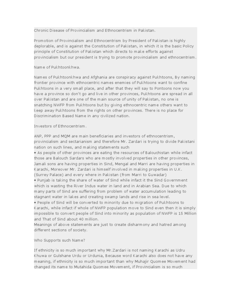 Chronic Disease of Provincialism and Ethnocentrism in Pakistan. | PDF ...