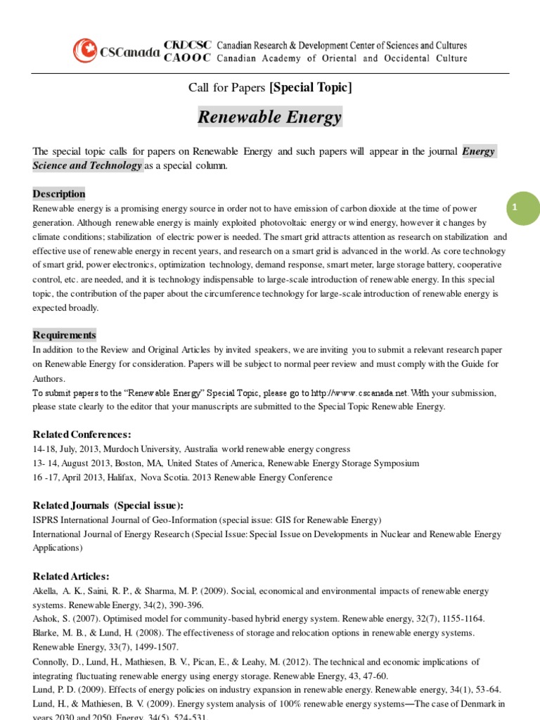 Call for Papers: Renewable Energy Research | PDF