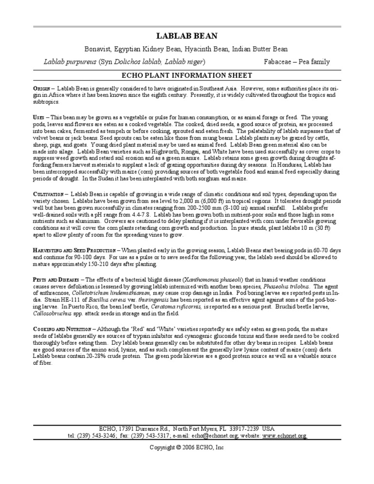 Lablab Bean: Lablab Purpureus (Syn Dolichos Lablab, Lablab Niger) | PDF ...