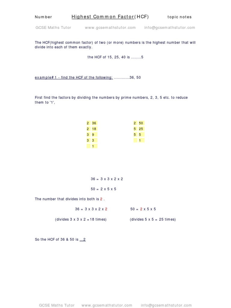 Highest Common Factor (HCF), Number Revision Notes From GCSE Maths ...