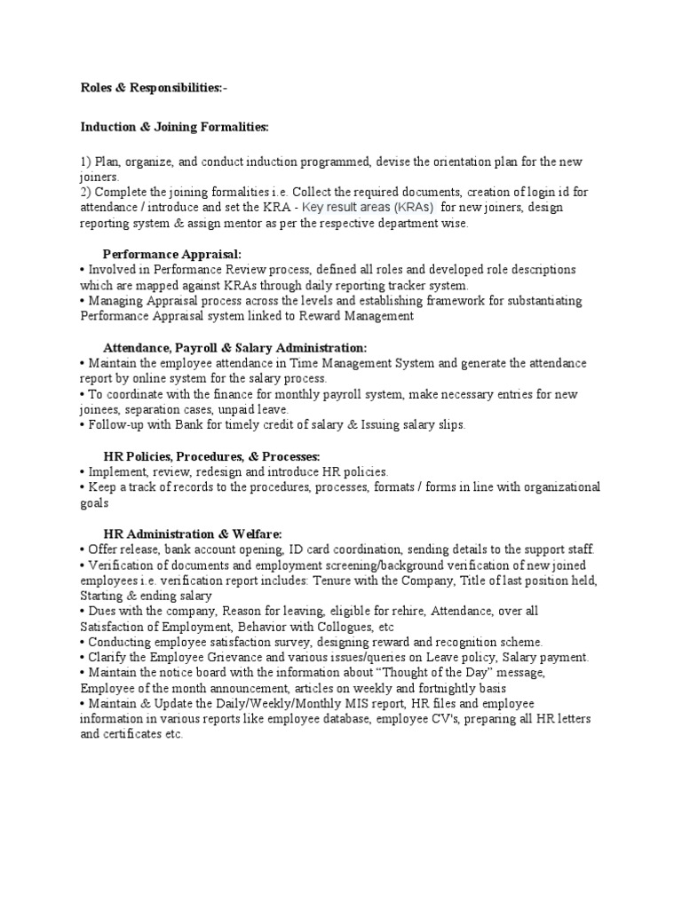 Roles & Responsibilities:-Induction & Joining Formalities:: Key Result ...