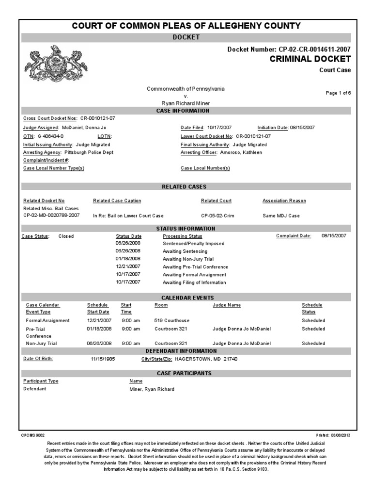 Pennsylvania Docket: Ryan Miner Case | PDF | Criminal Record | Bail