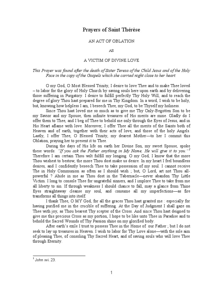 Prayers by St. Therese of Lisieux - AN ACT OF OBLATION AS A VICTIM OF ...