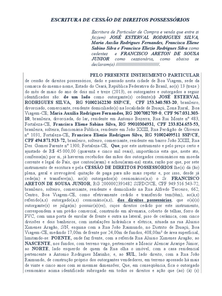 Escritura De Cessão De Direitos Possessórios Pdf Lei Das Obrigações