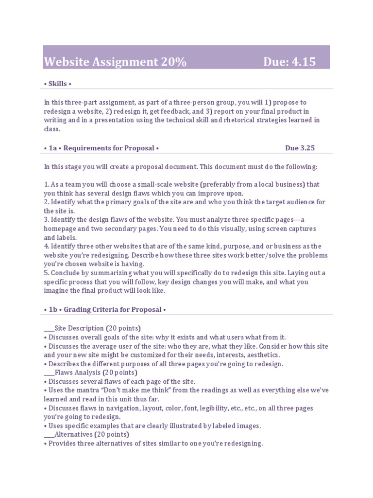 Website Assignment 20% Due: 4.15: - Skills | Download Free PDF ...