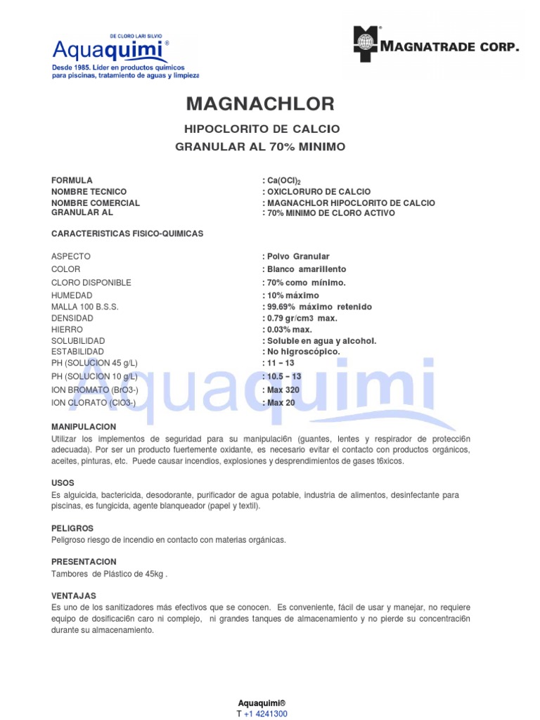Hoja Tecnica Cloro Granulado Magnachlor | PDF | Agua | Sustancias químicas
