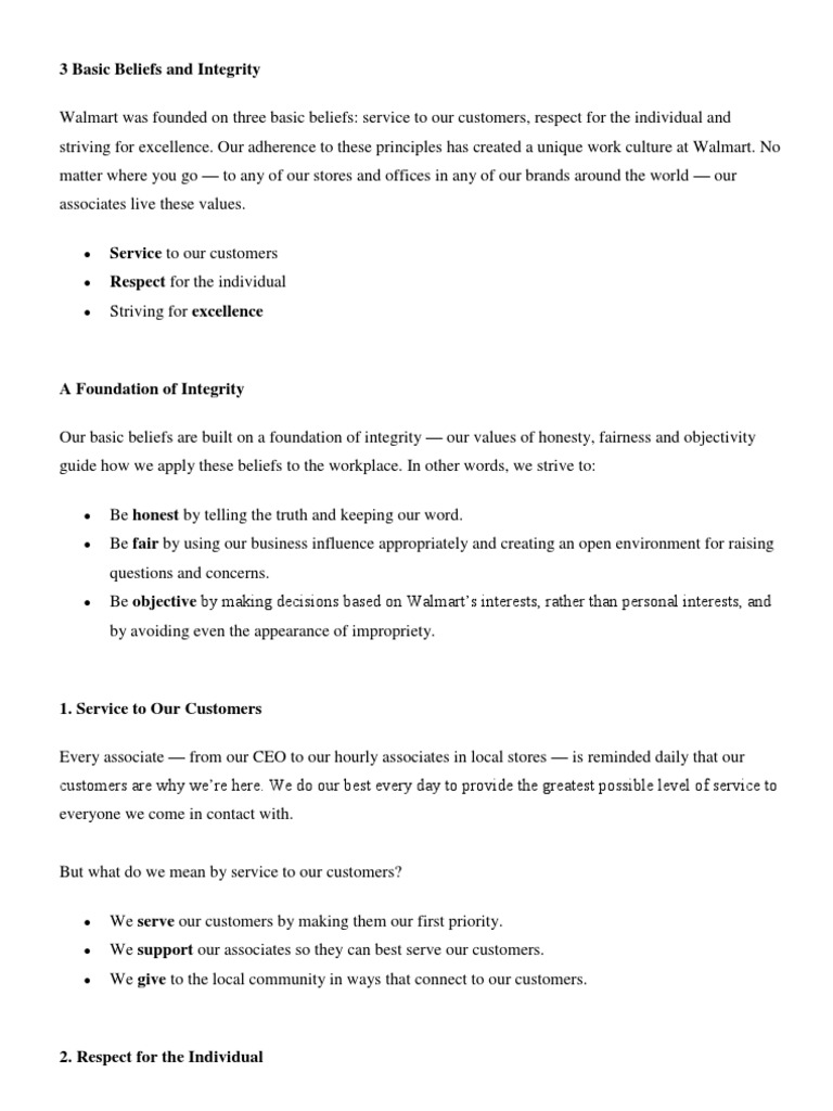 3 Basic Beliefs and Integrity | PDF | Walmart | Supply Chain