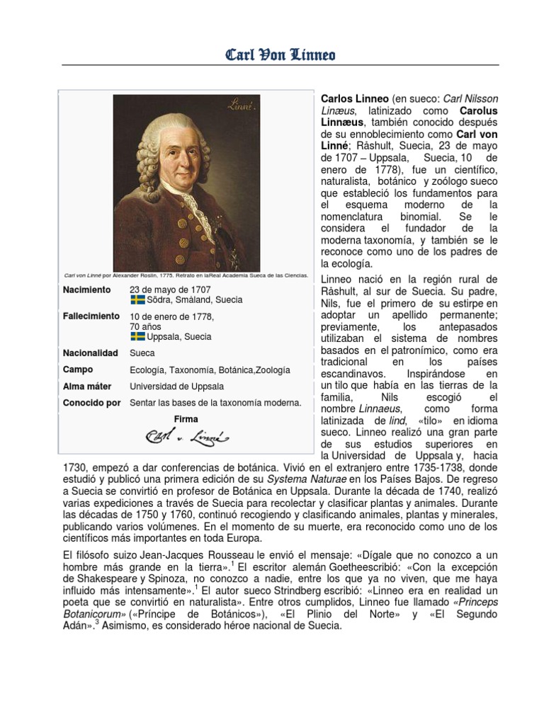 Carl Von Linneo | Ciencias de la tierra y de la vida | Biología
