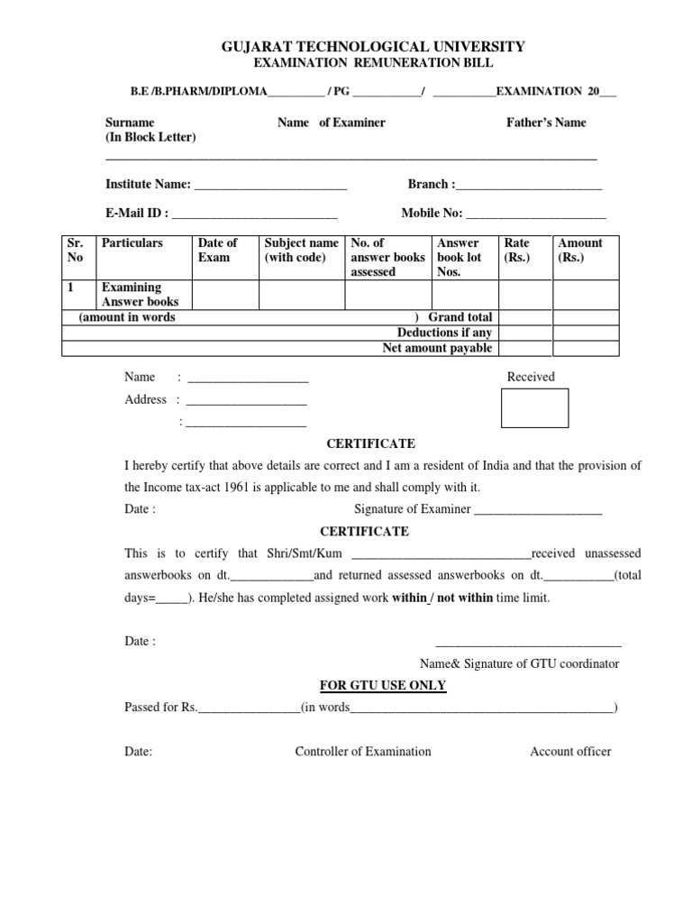 GTU Examination Remuneration Bill | PDF