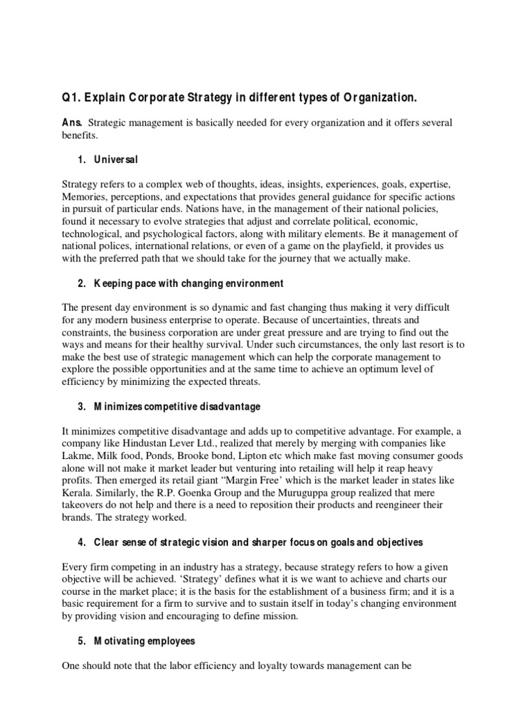 Q1. Explain Corporate Strategy in Different Types of Organization | PDF ...