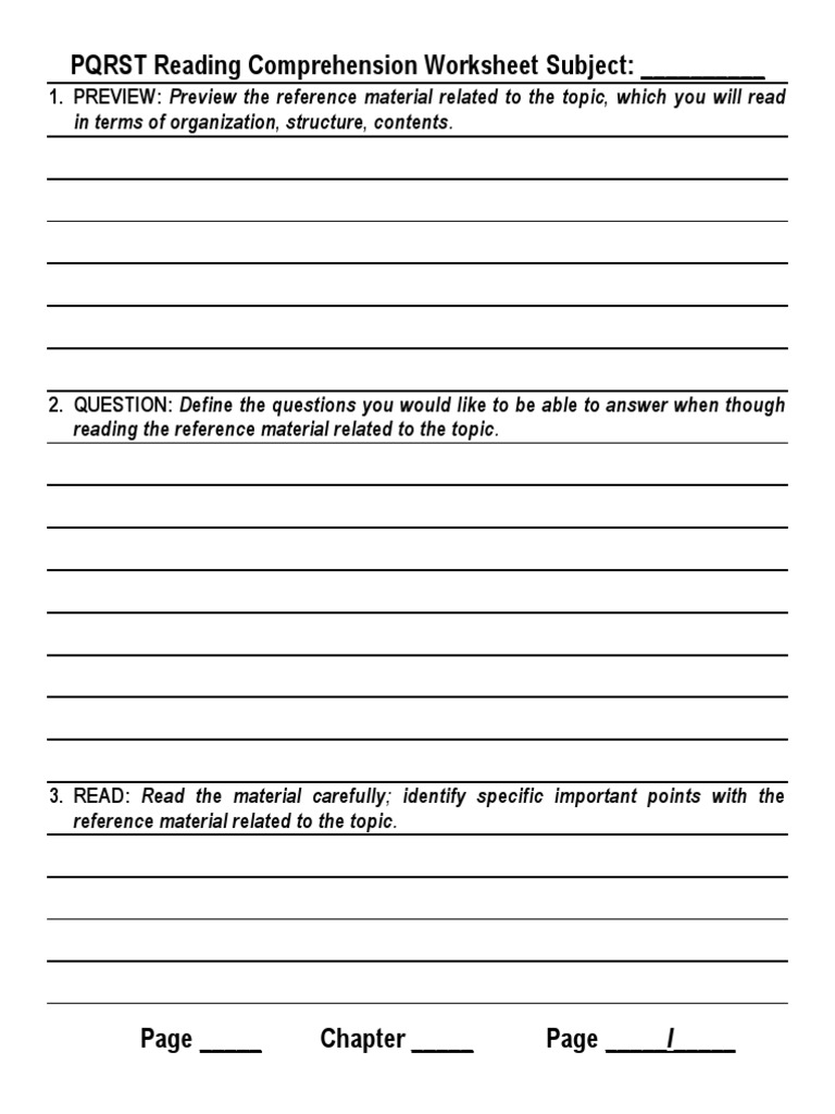 PQRST Reading Comprehension Worksheet Subject: - : in Terms of ...