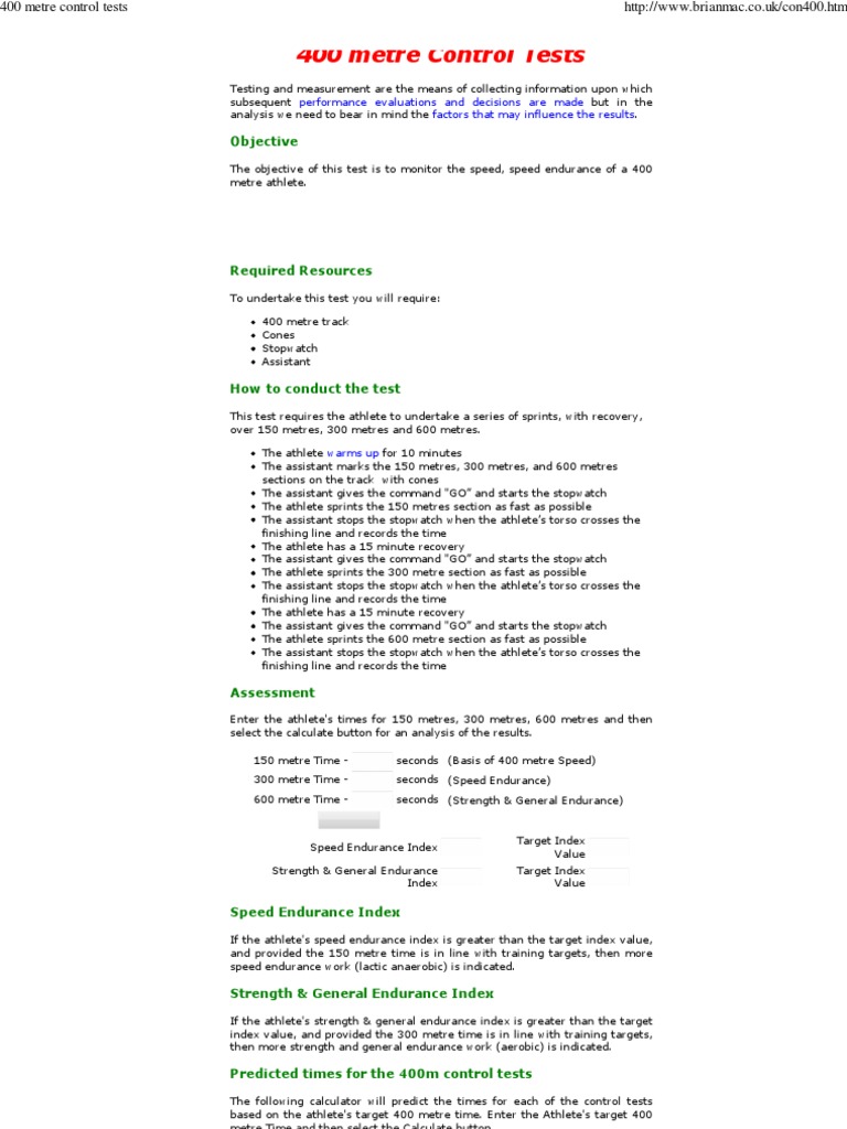 400 Metre Control Tests | PDF | Track And Field | Metre