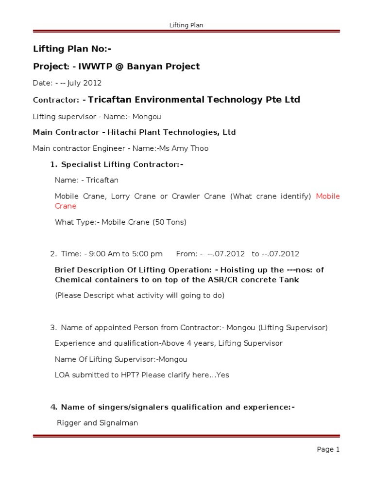 Final Lifting Plan Sample | PDF | Crane (Machine) | Transport