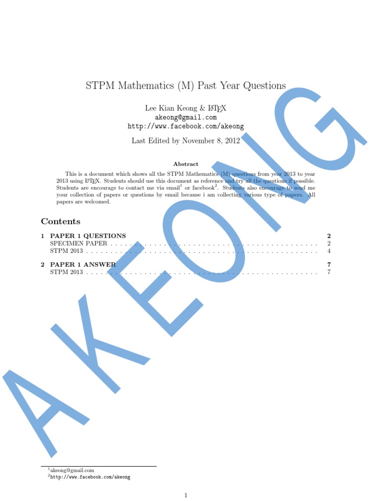 2013 STPM Mathematics M Past Year Questions P1 P2 P3 | PDF | Equations ...
