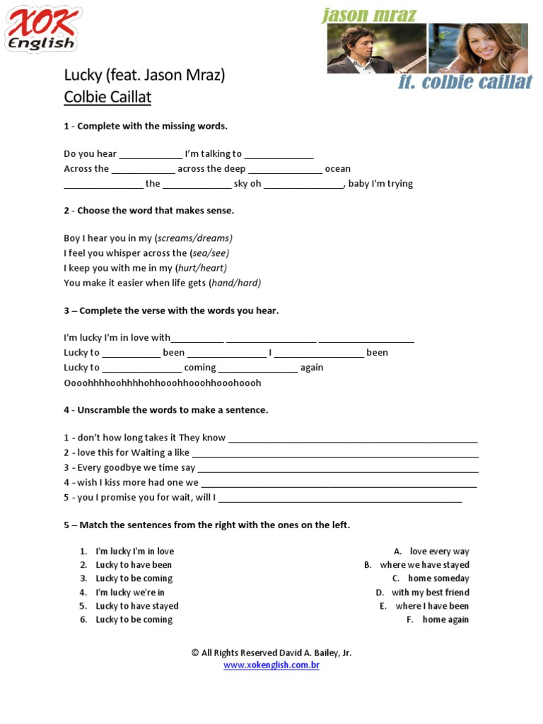 Jason Mraz N Colby Caillat - Lucky - Worksheet | PDF