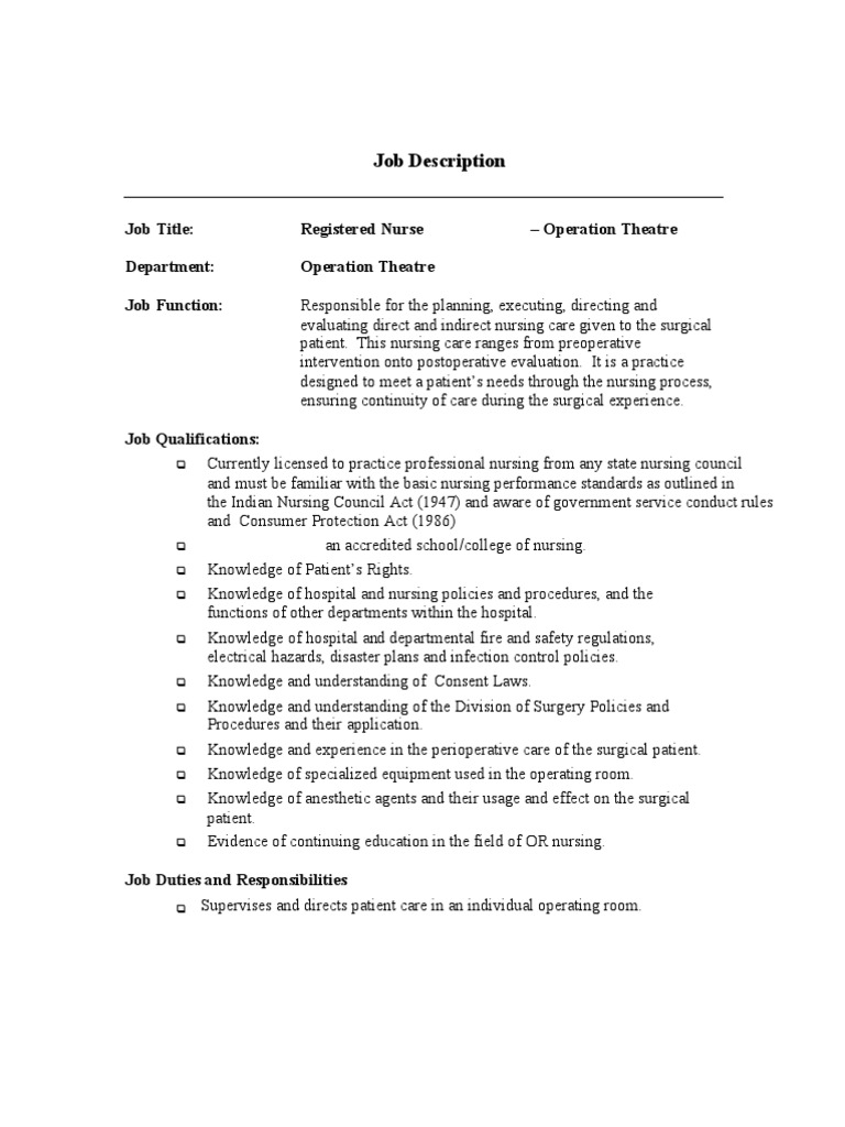 Job Description of Operating Room nurse in India | Nursing | Operating ...