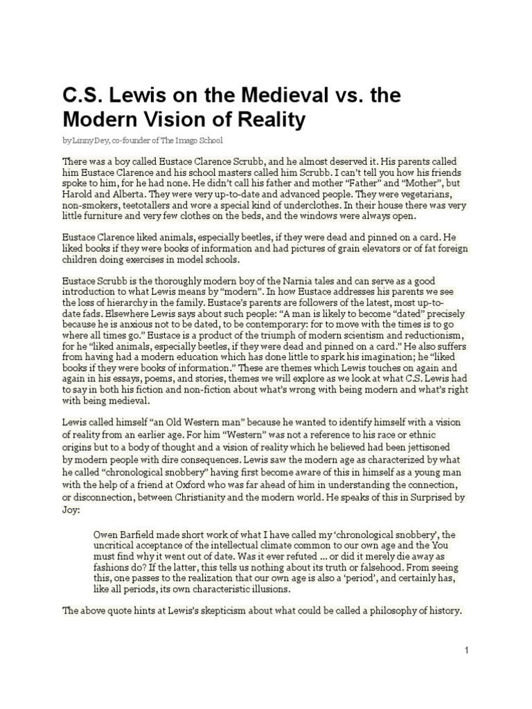 C.S.lewisontheMedievalvs - themodernVisionofReality Linny Dey | PDF ...