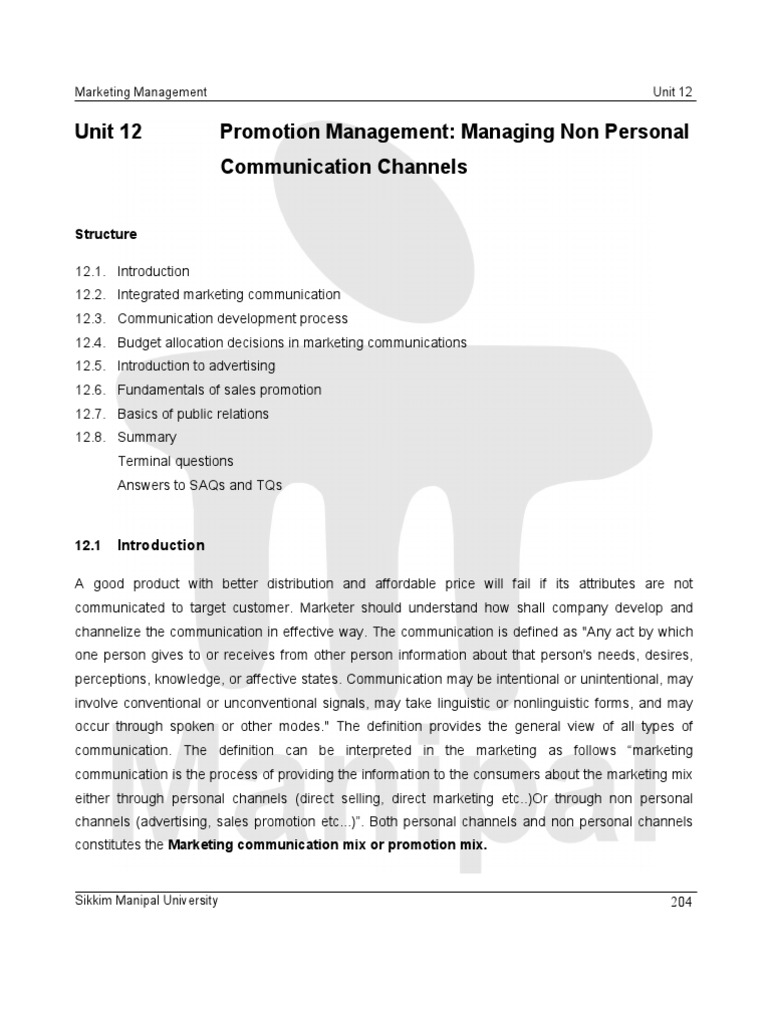 Unit 12 Promotion Management: Managing Non Personal Communication ...