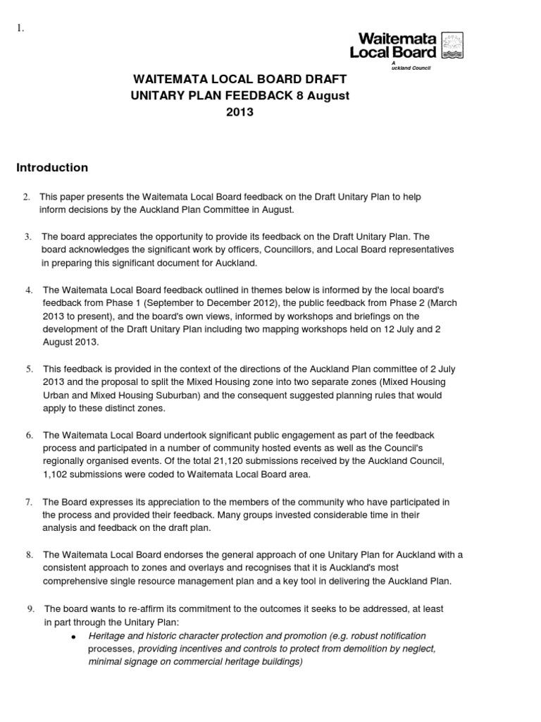 Waitemata Local Board Draft Unitary Plan Feedback 8 August 2013 | PDF ...