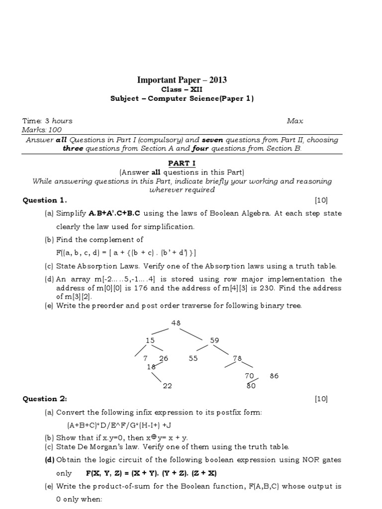 Important Question Paper For ISC 2013 Class 12 Computer Science | PDF | Subtraction ...