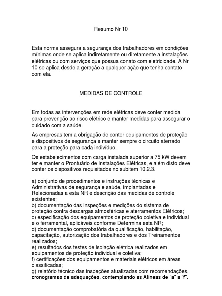 Resumo NR 10 | Download grátis PDF | Fiação elétrica | Eletricidade